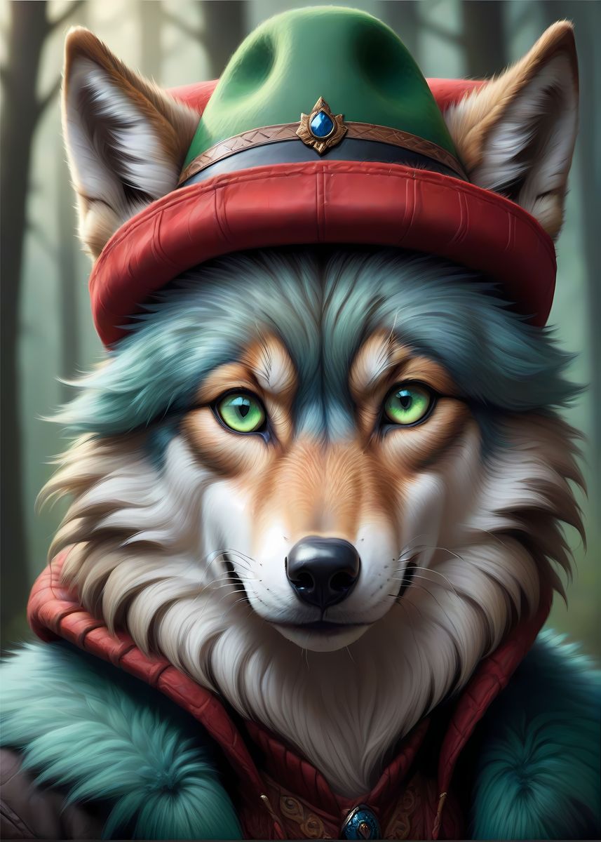'Wolf with Hat' Poster, picture, metal print, paint by Gin Art | Displate