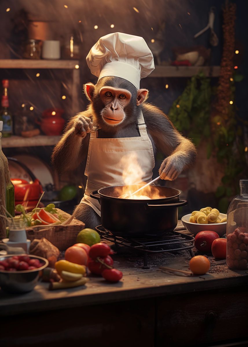 'Monkey cooking kitchen Art' Poster, picture, metal print, paint by ...