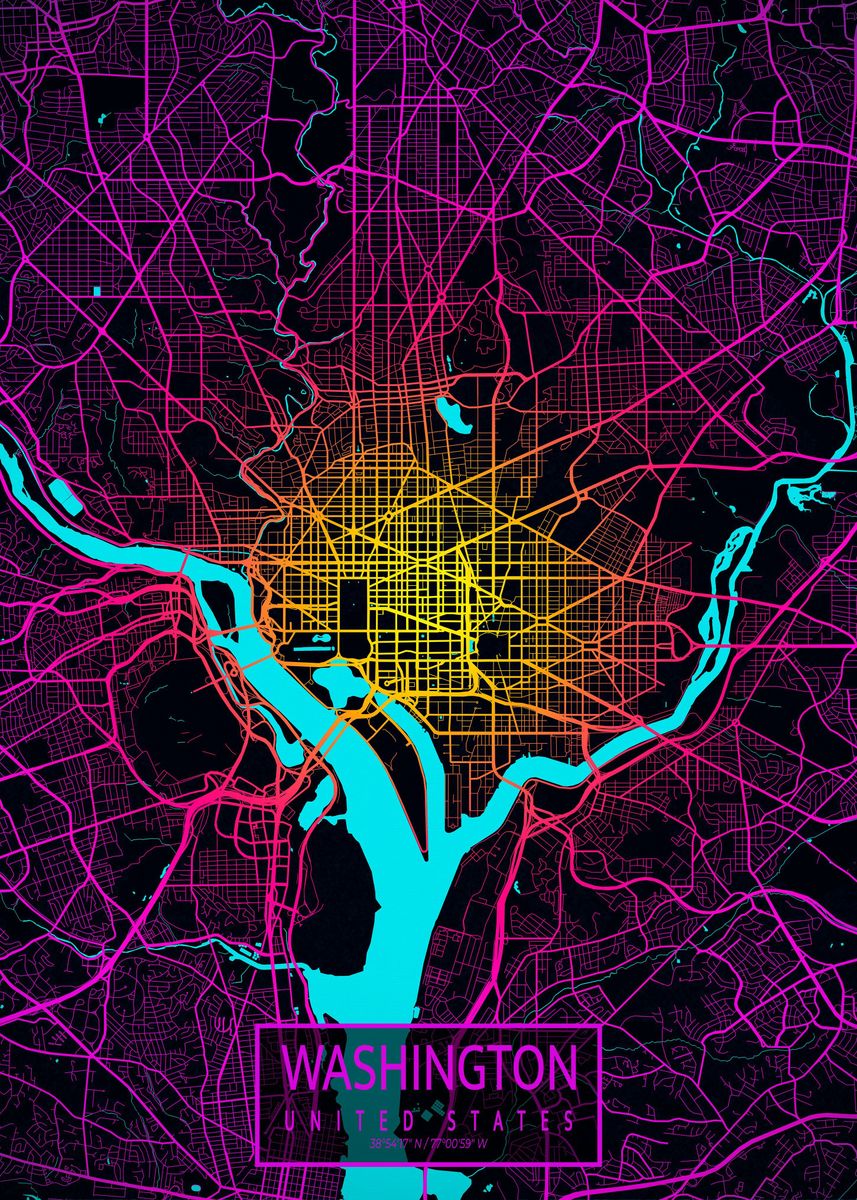 'Washington DC Map Neon' Poster, picture, metal print, paint by deMAP ...