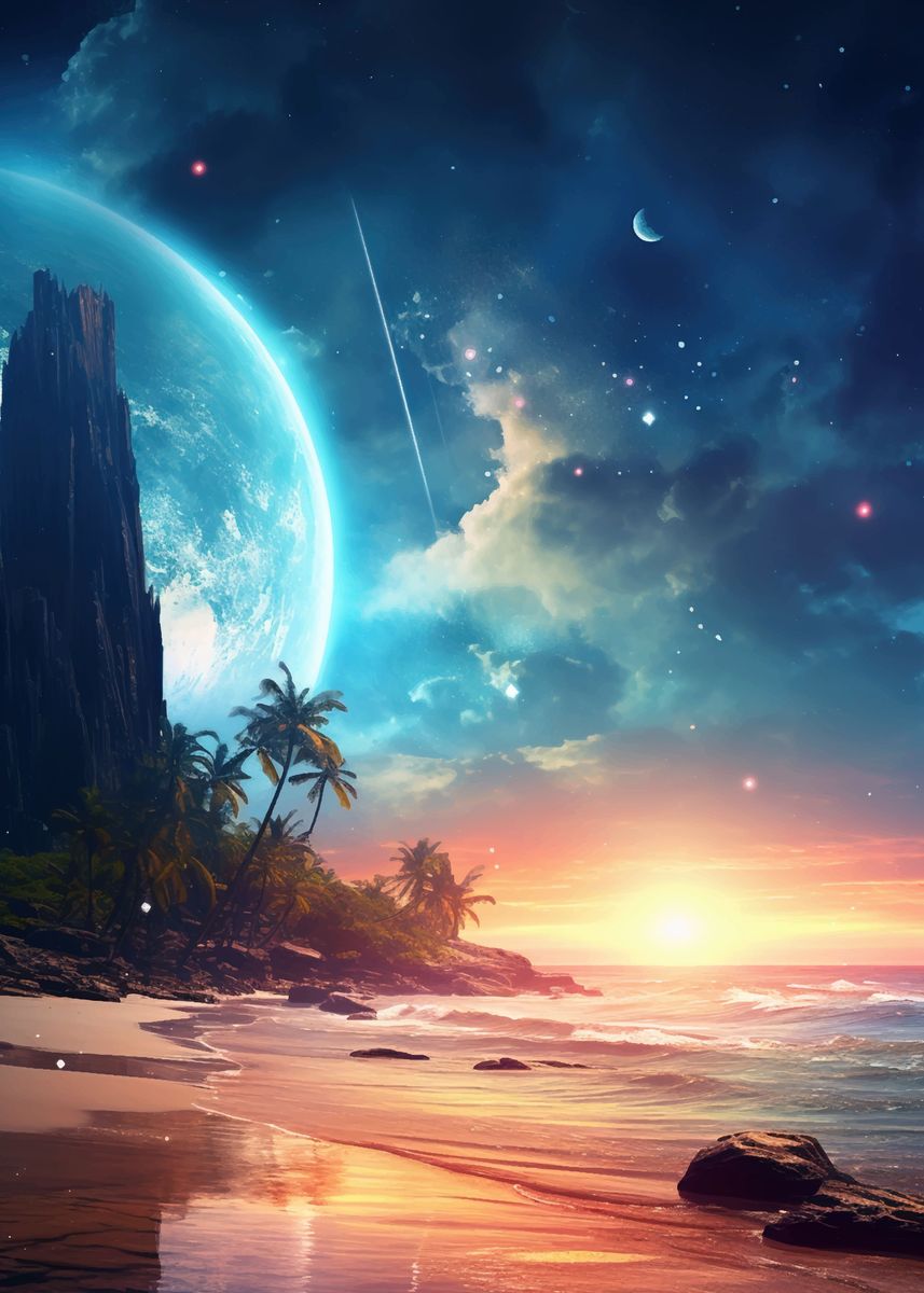 'Blue ocean night sky' Poster, picture, metal print, paint by nguyencao ...