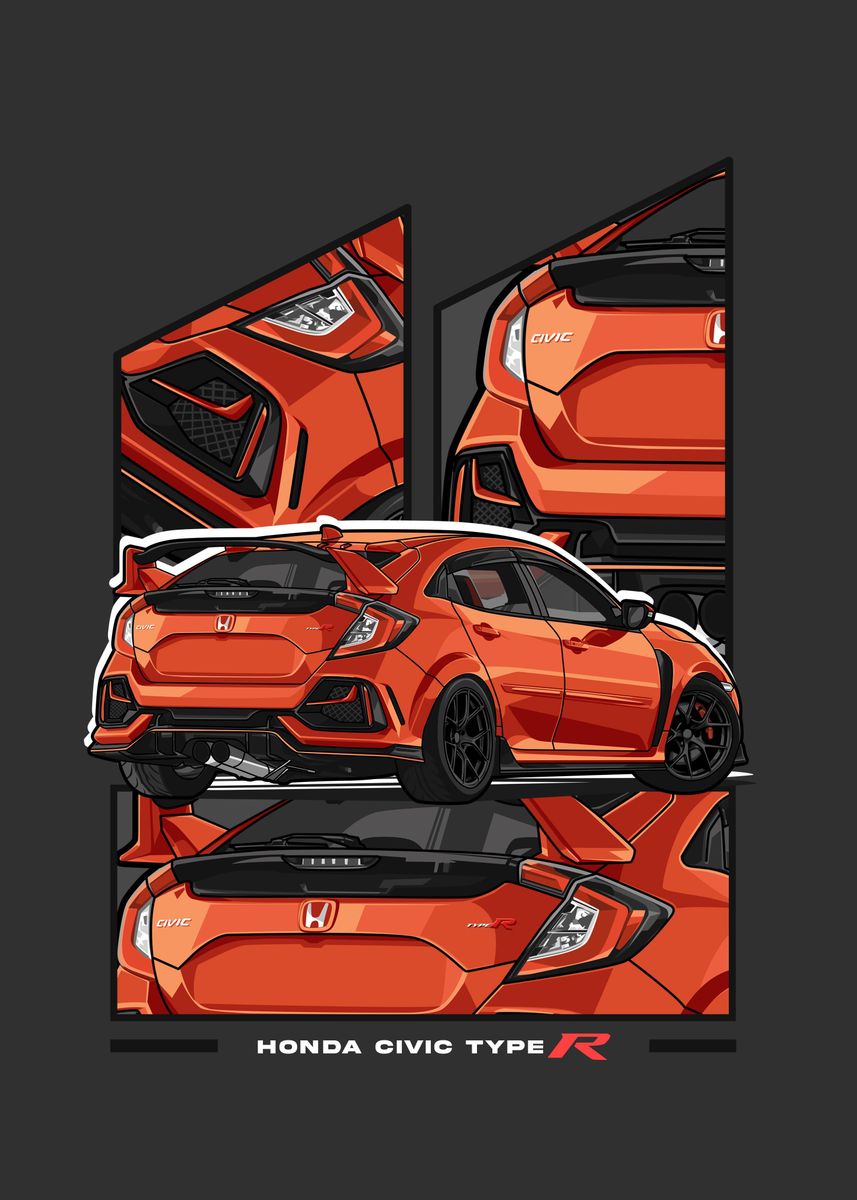 'honda civic type r orange' Poster, picture, metal print, paint by ...