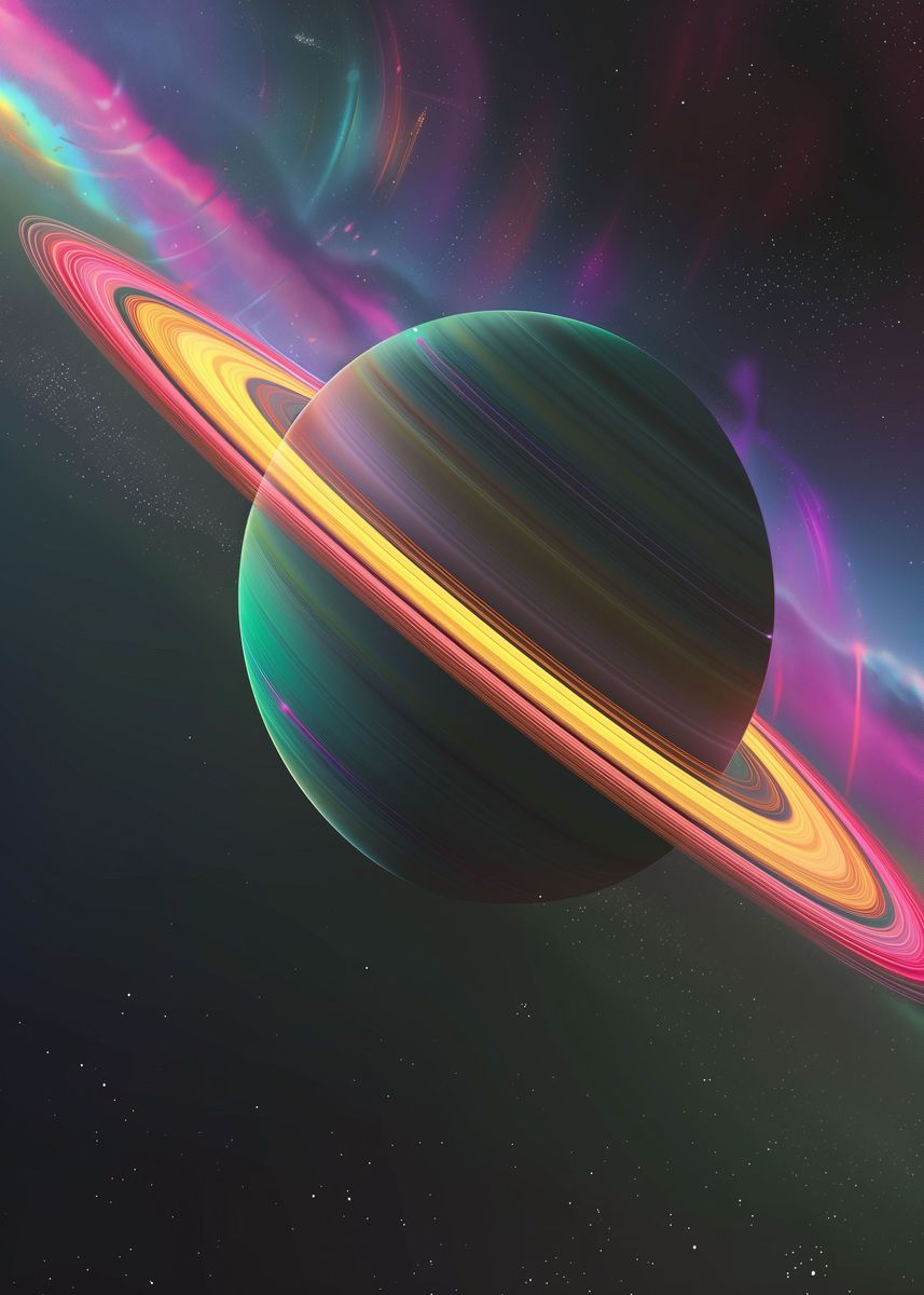 'Glowing Saturn In Rainbow' Poster, picture, metal print, paint by ...