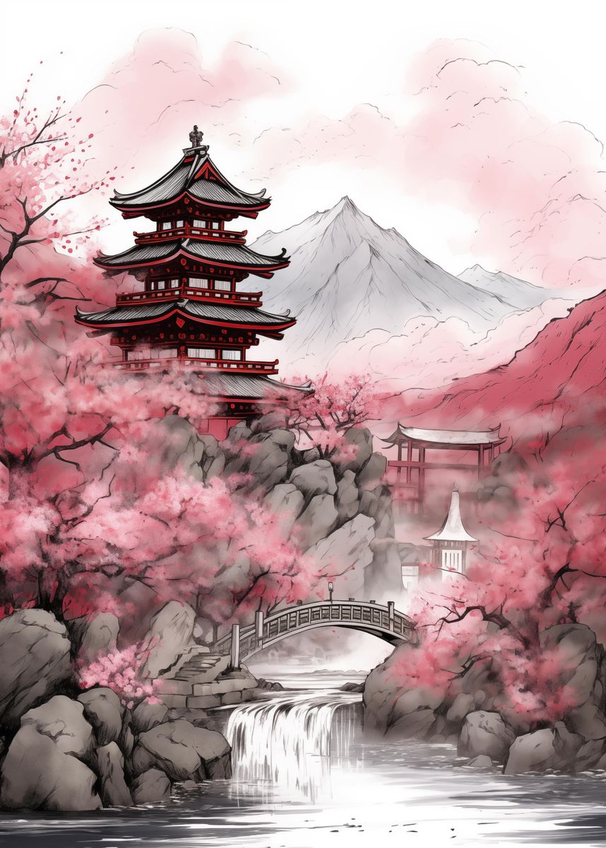 'japanese temples ink wash' Poster, picture, metal print, paint by ...