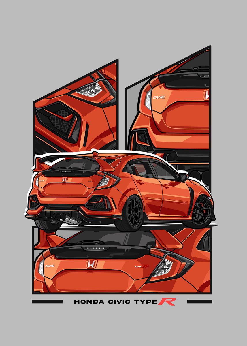 'honda civic type r orange' Poster, picture, metal print, paint by ...