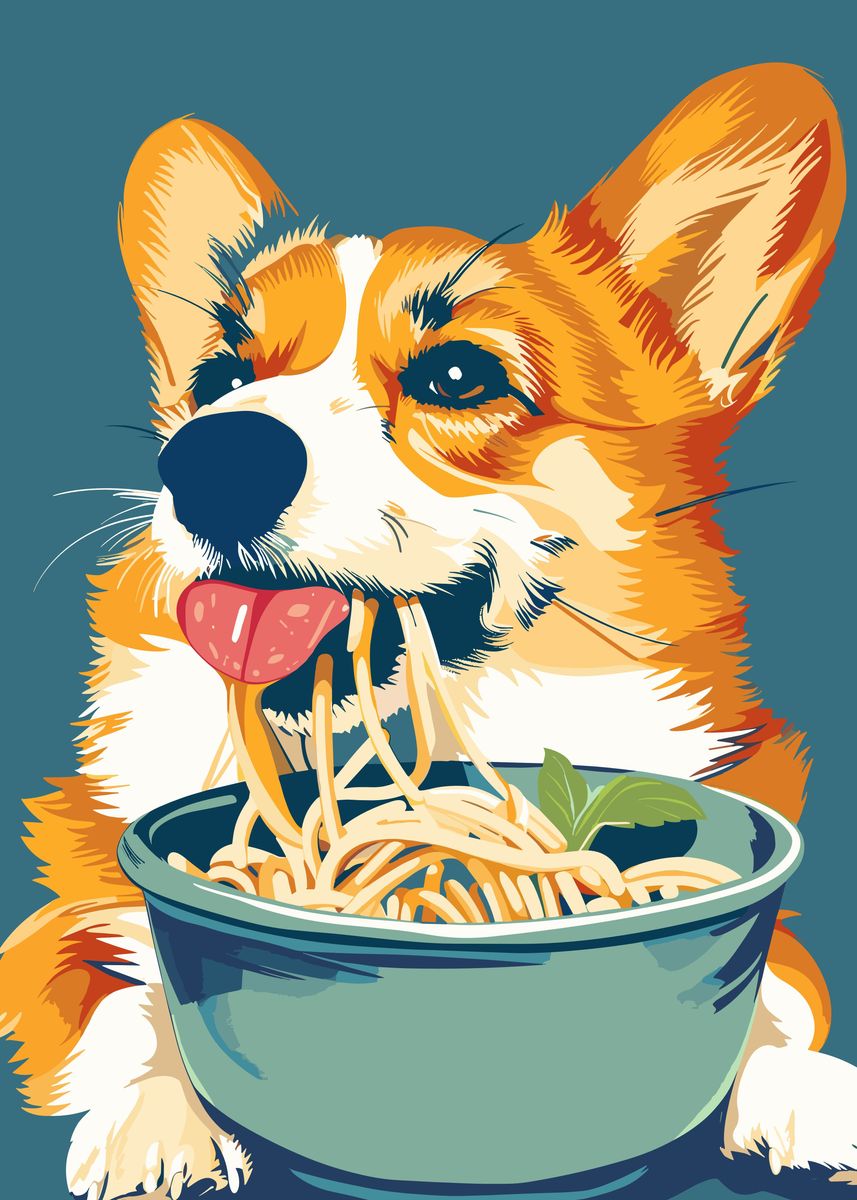 'Corgi eating spaghetti' Poster, picture, metal print, paint by Mesh ...