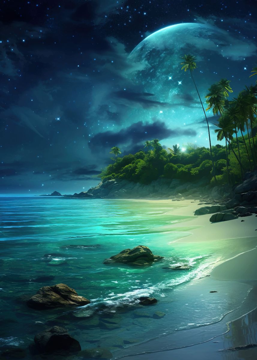 'Blue ocean night sky' Poster, picture, metal print, paint by nguyencao ...