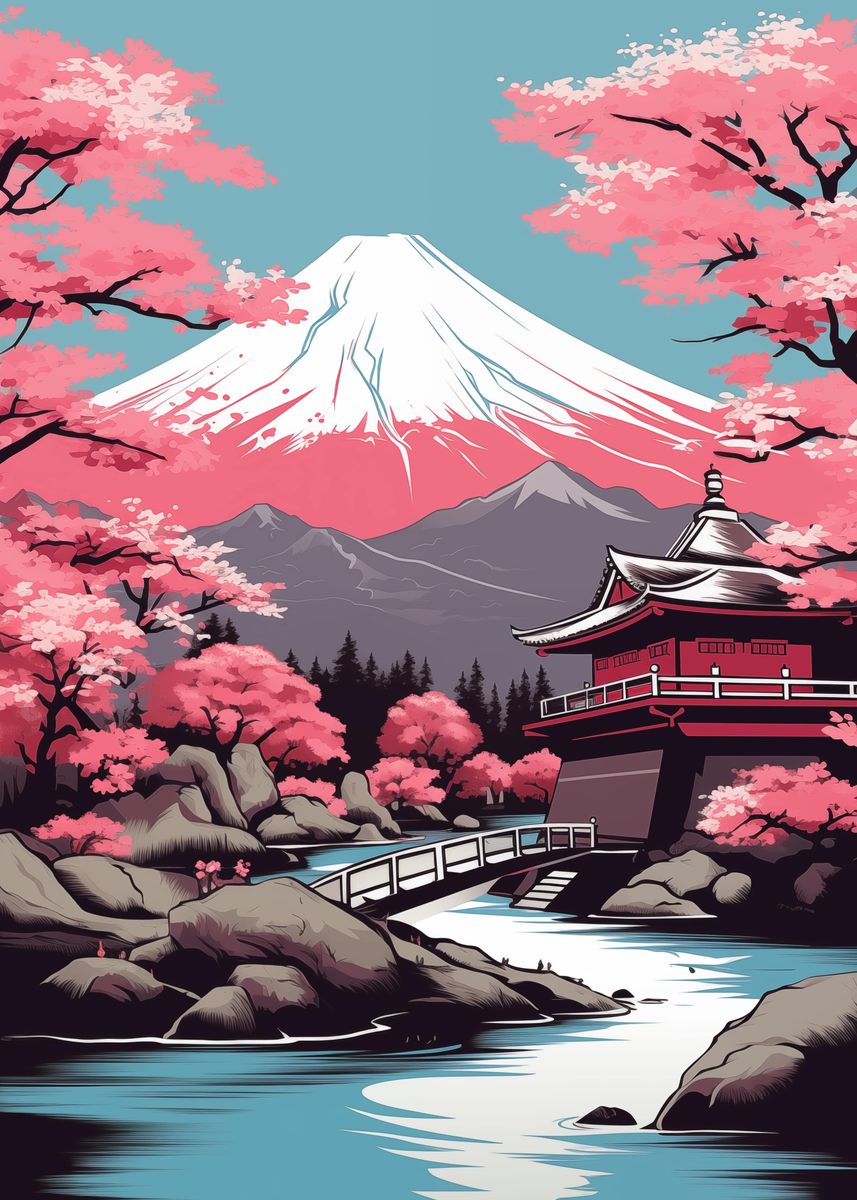 'japanese temples ink wash' Poster, picture, metal print, paint by ...