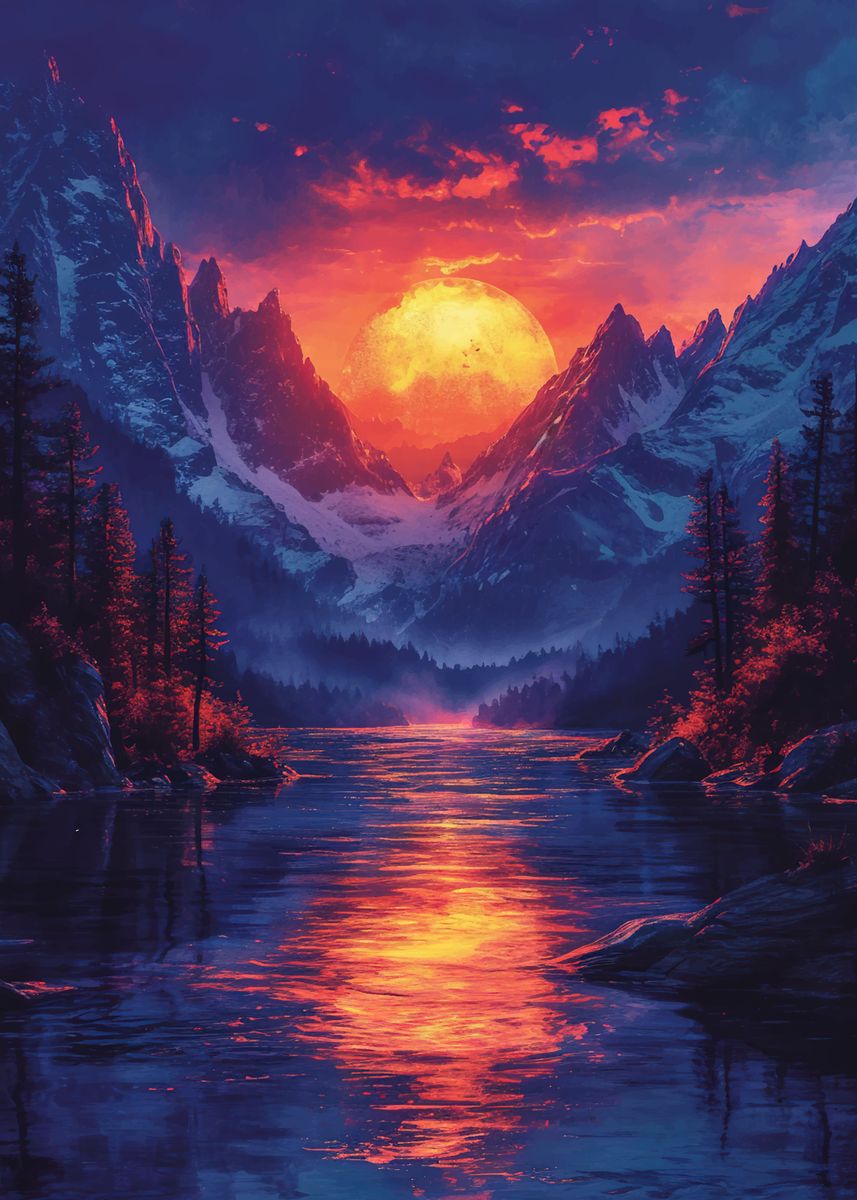 'Mountain Sunset' Poster, picture, metal print, paint by Nicholas Rose | Displate
