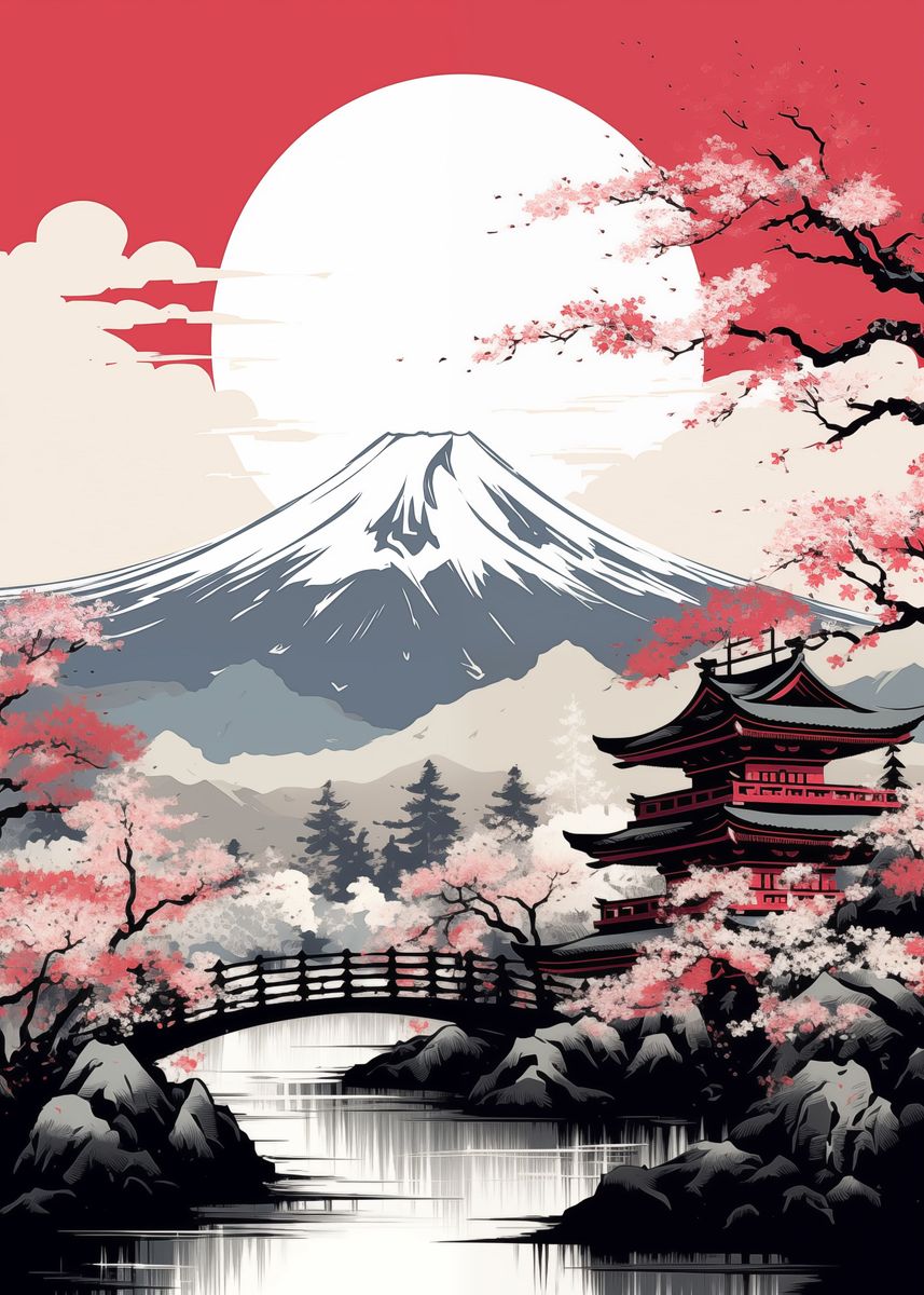 'japanese temples ink wash' Poster, picture, metal print, paint by ...