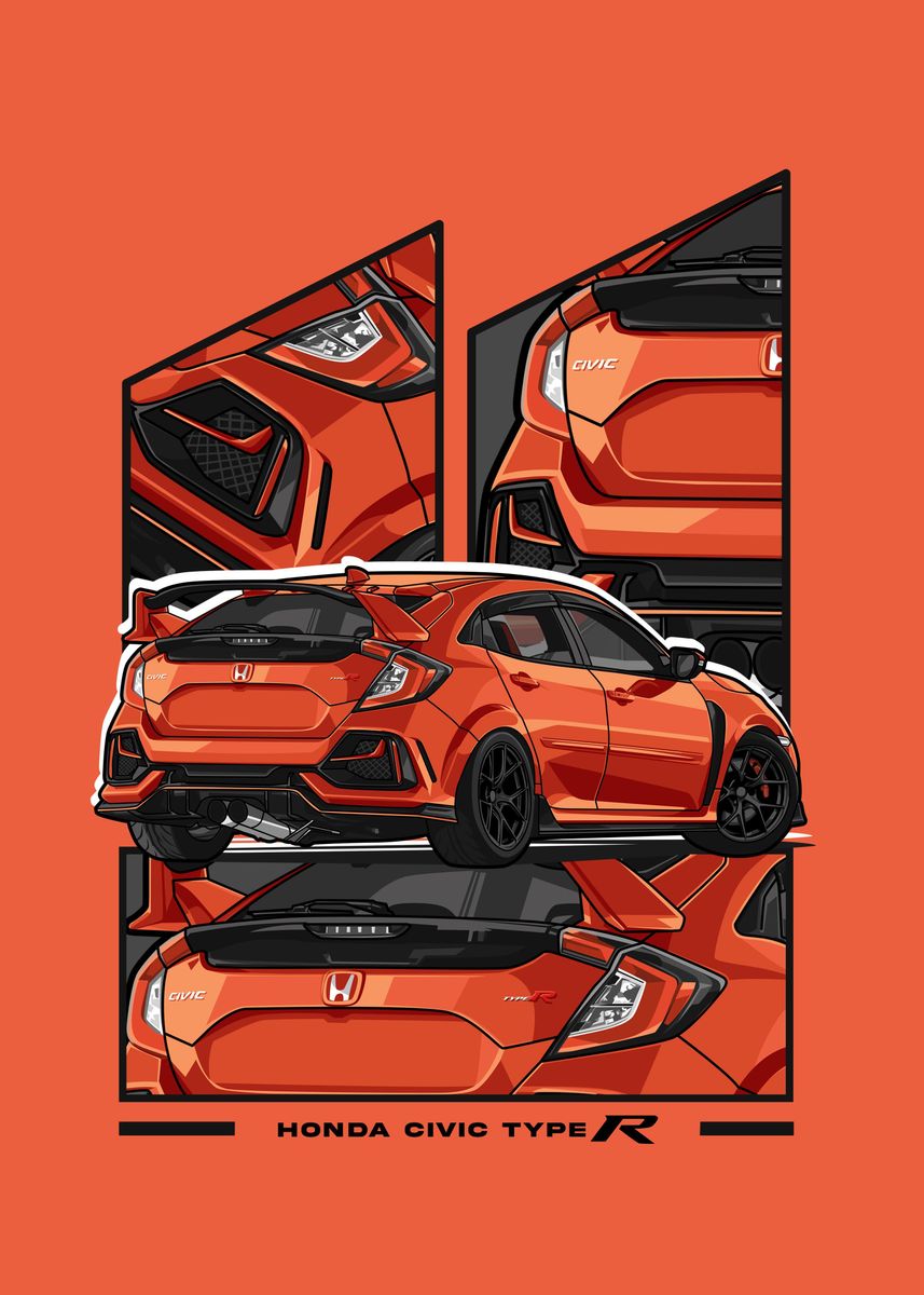 'honda civic type r orange' Poster, picture, metal print, paint by ...