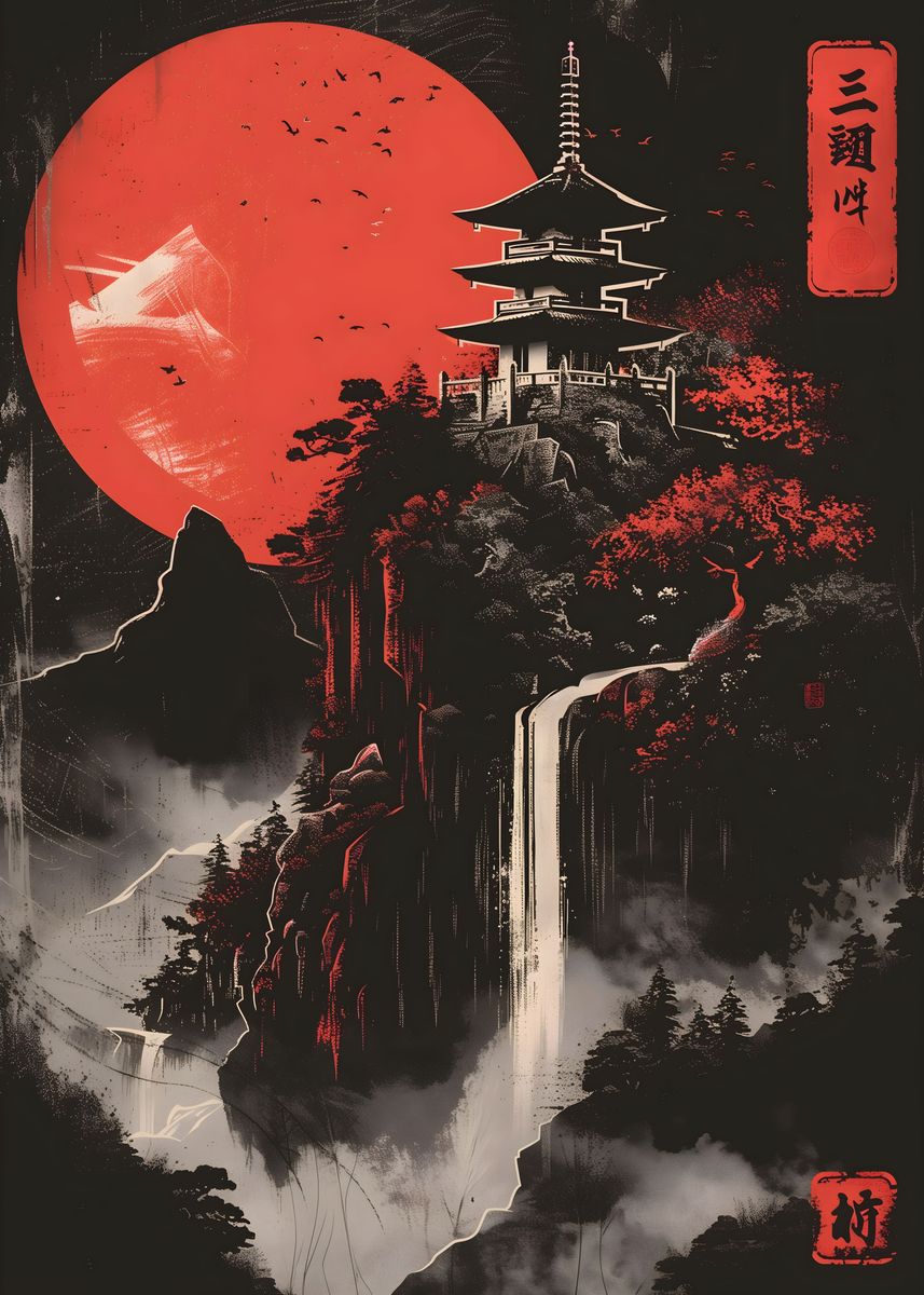 'Red Moon Japan Ink' Poster, picture, metal print, paint by Danan Putra ...