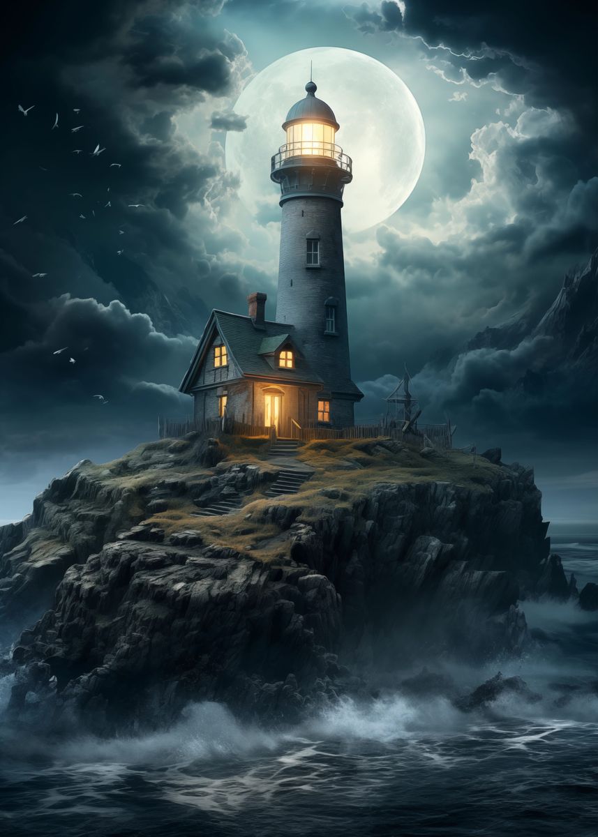 'Fantasy Lighthouse Storm' Poster, picture, metal print, paint by ELYussArt | Displate