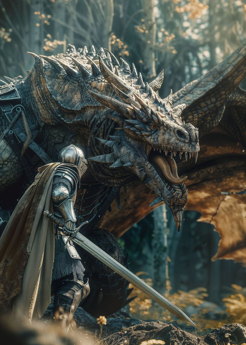 'Dark Fantasy Dragon Duel' Poster, picture, metal print, paint by ...