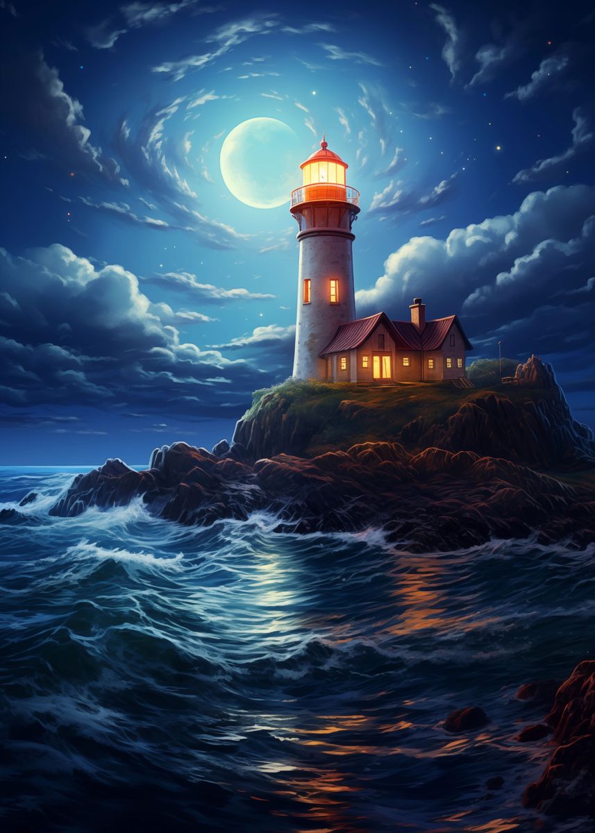 'Fantasy Lighthouse Storm' Poster, picture, metal print, paint by ...