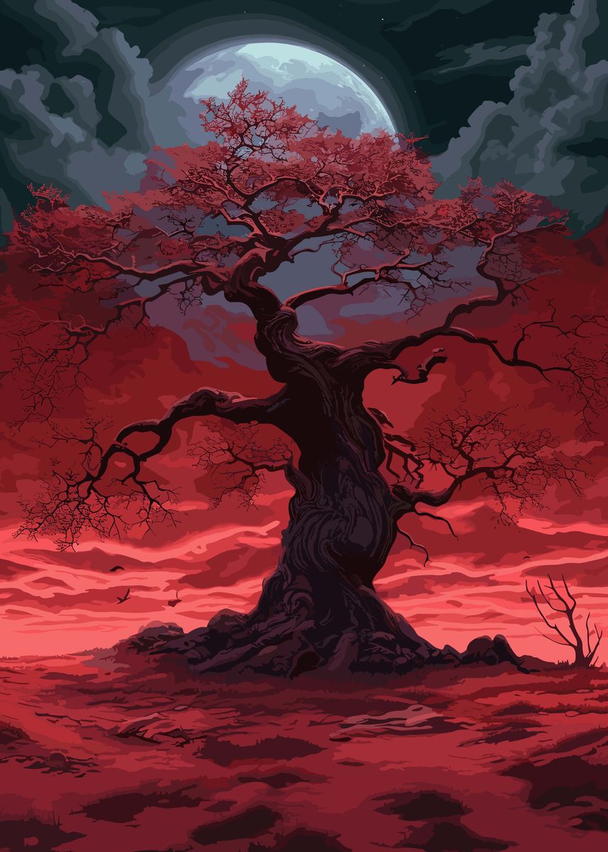 'Red Moon Tree Dark' Poster, picture, metal print, paint by Constance ...