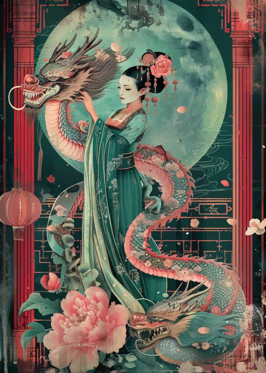 'Geisha Dragon Japanese' Poster, picture, metal print, paint by ...