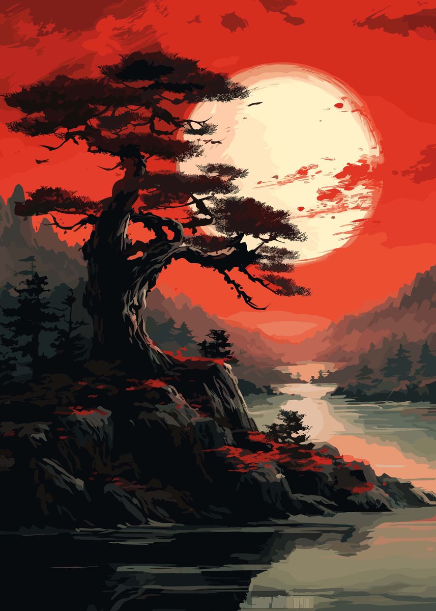 'Red Moon Tree Dark' Poster, picture, metal print, paint by Constance ...