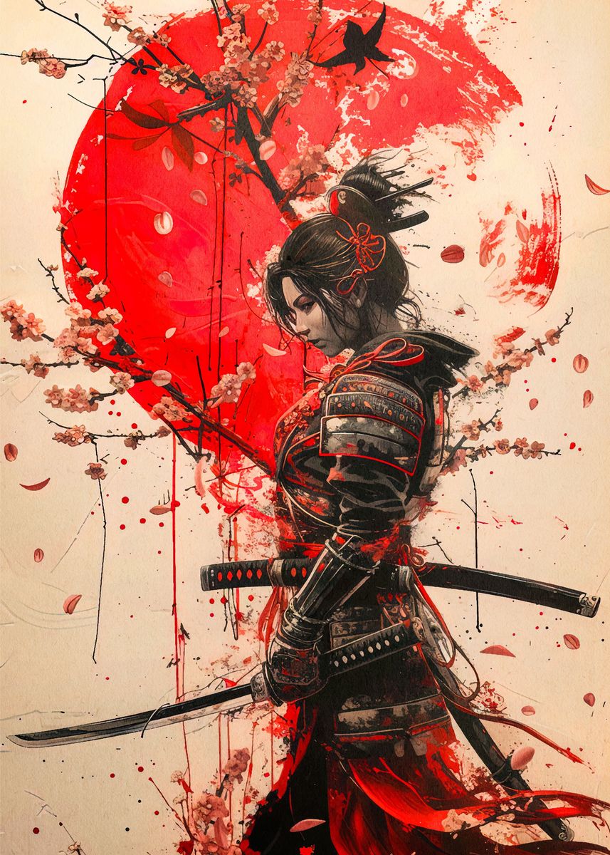 'Samurai Woman Red Moon' Poster, picture, metal print, paint by ...