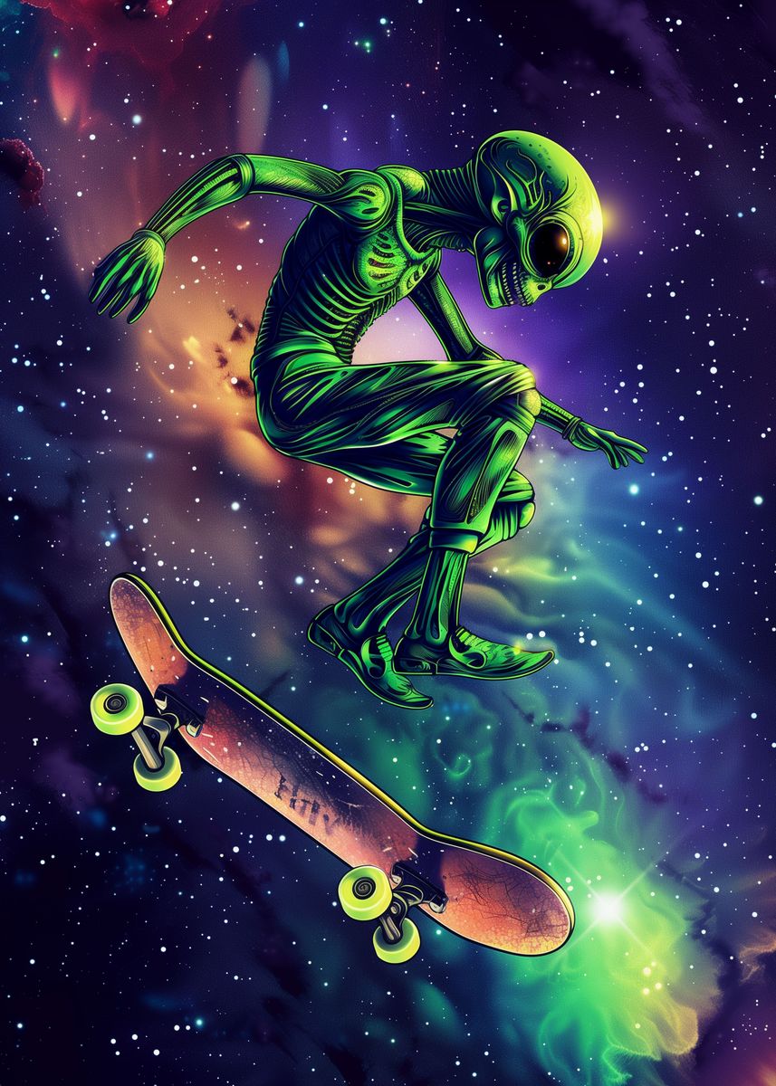 'Alien Space Skateboard' Poster, picture, metal print, paint by ...
