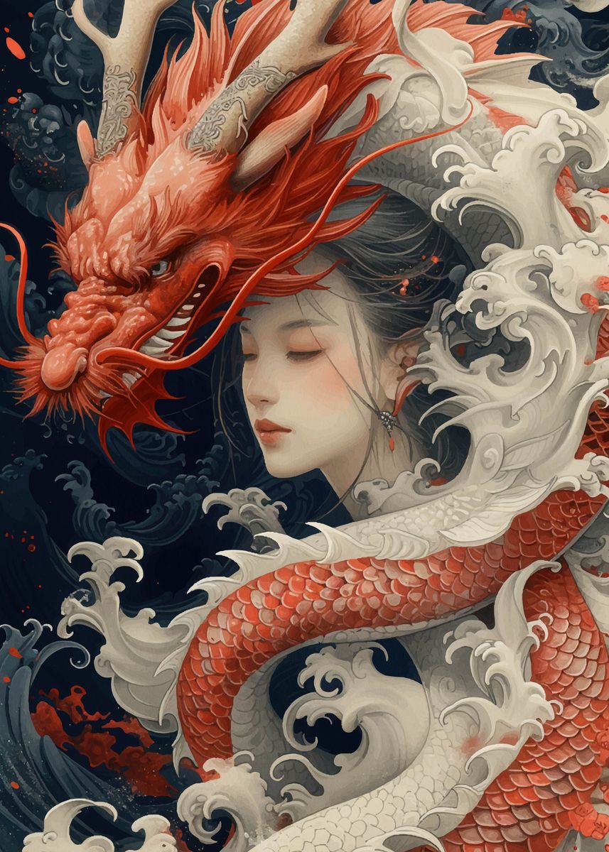 'Geisha Dragon Japanese' Poster, picture, metal print, paint by ...