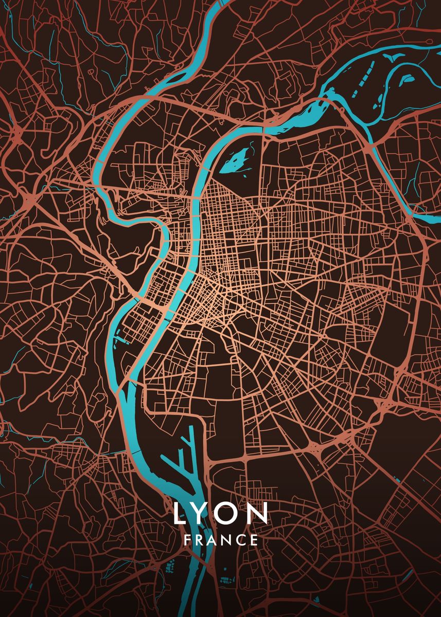 'Lyon City Map' Poster, picture, metal print, paint by Miracle Studio ...