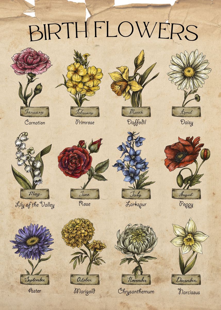'birth month flowers chart' Poster, picture, metal print, paint by ...