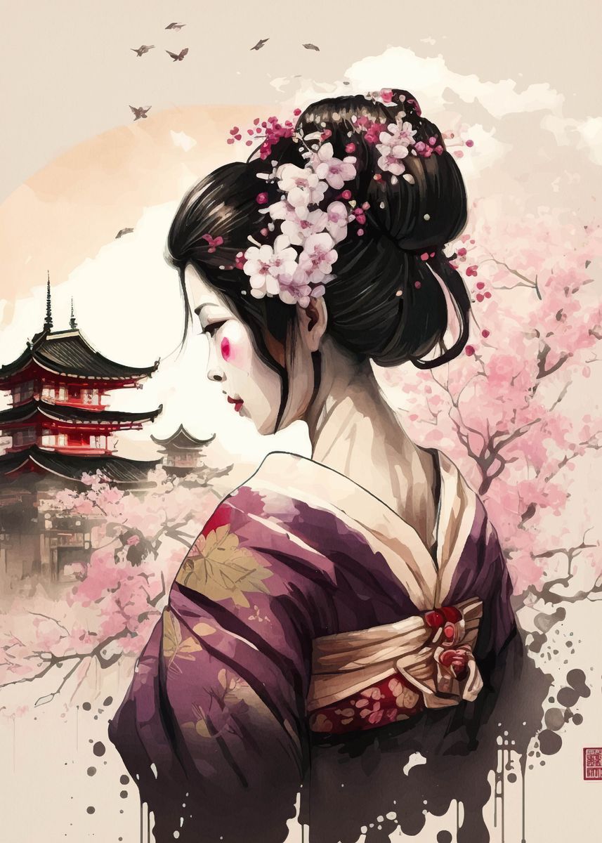 'Geisha Cherry Blossom' Poster, picture, metal print, paint by ...