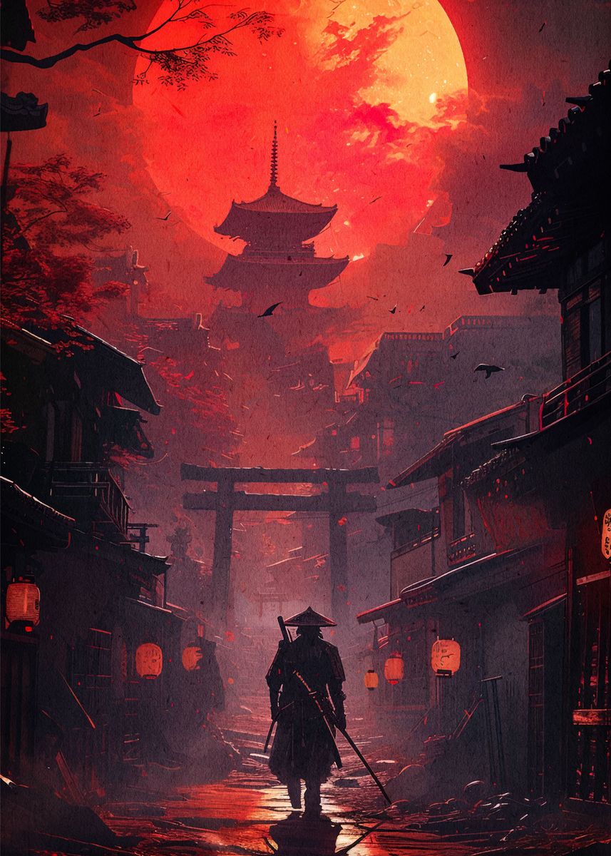 'samurai moon red japan' Poster, picture, metal print, paint by Hari ...