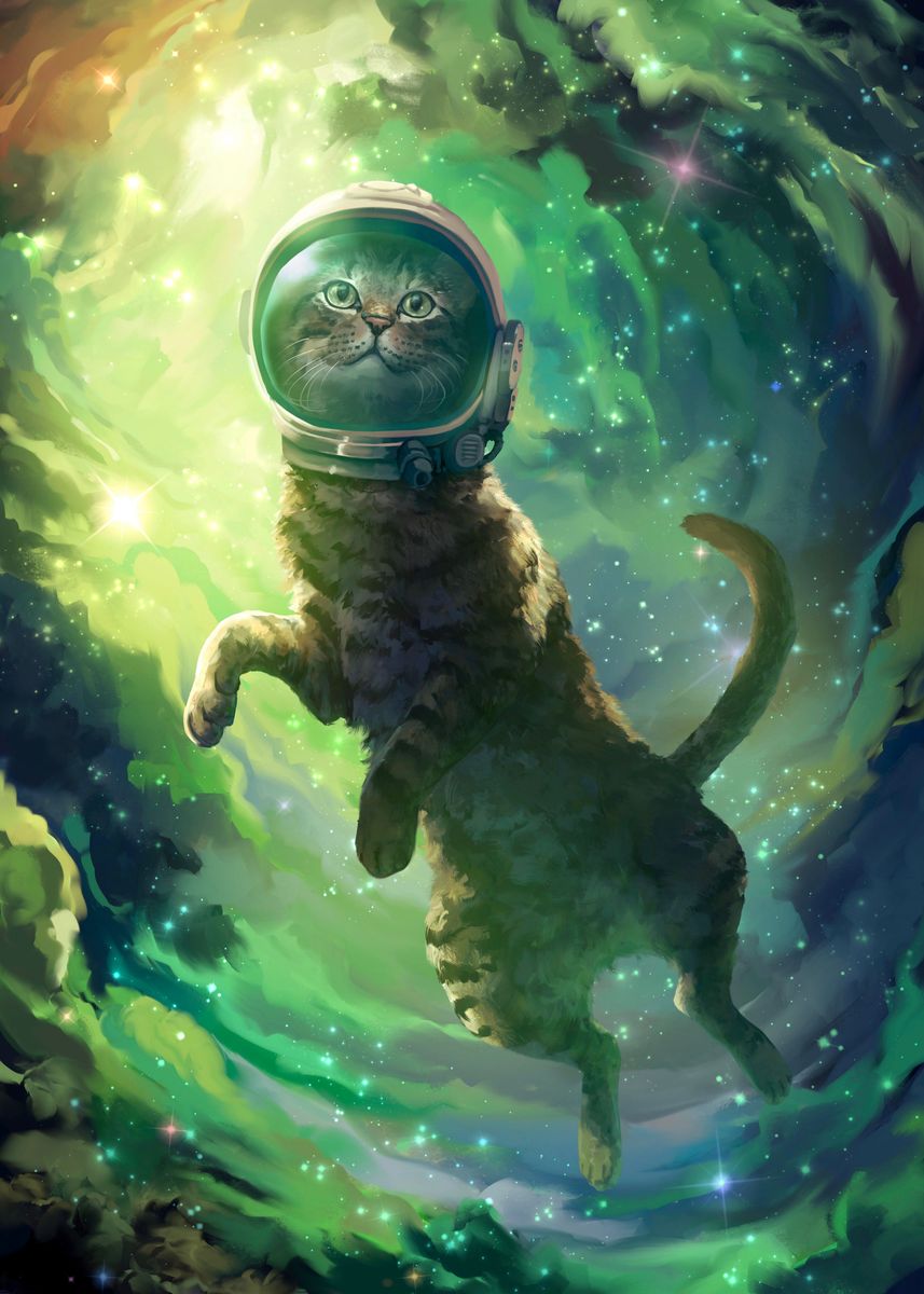 'Green Space Cat' Poster, picture, metal print, paint by Louise Goalby ...