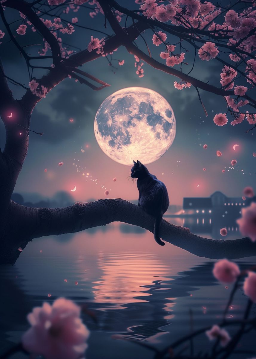 'Cat Moon' Poster, picture, metal print, paint by Zakaria Store | Displate