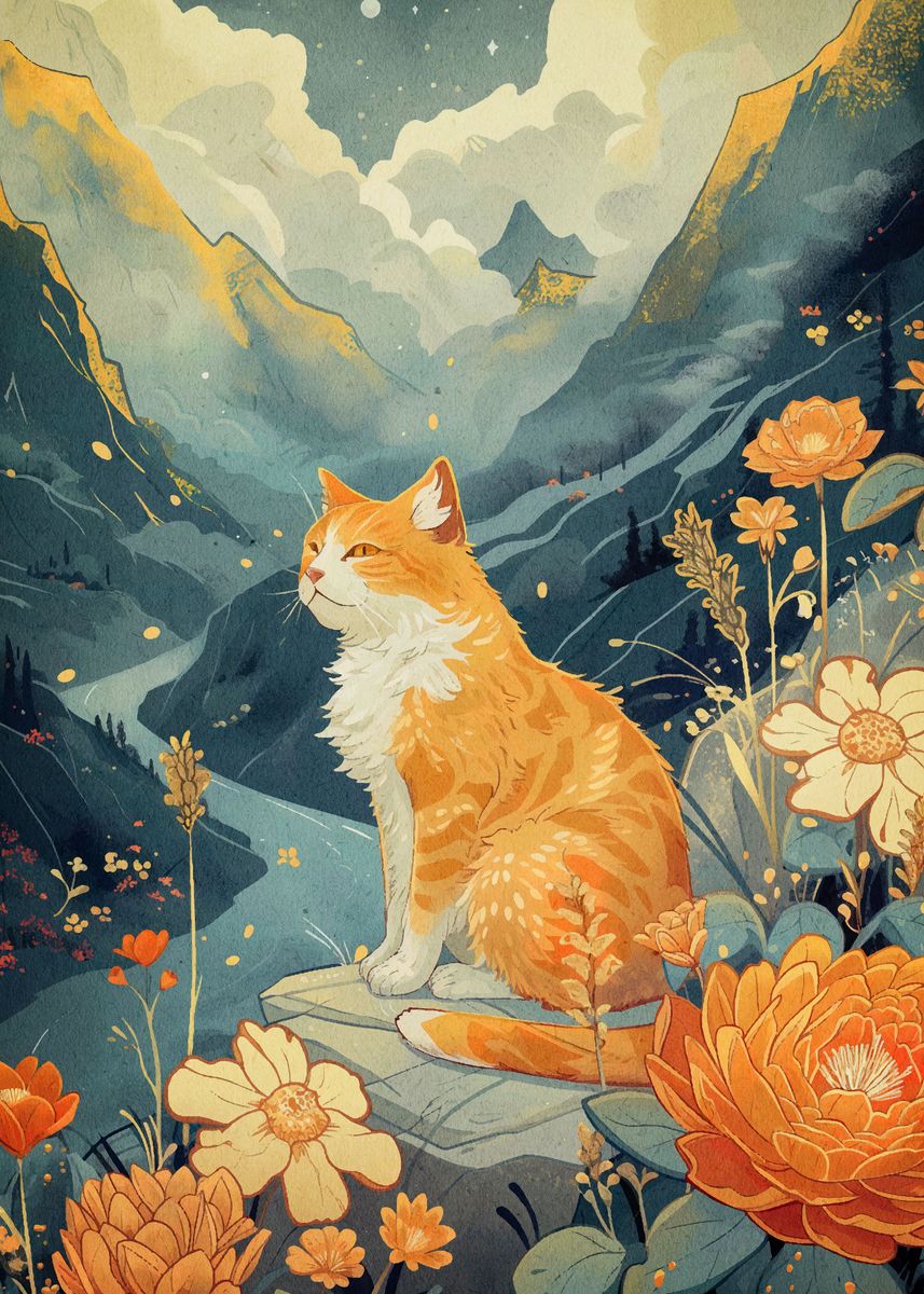'cat and flower landscape' Poster, picture, metal print, paint by ...