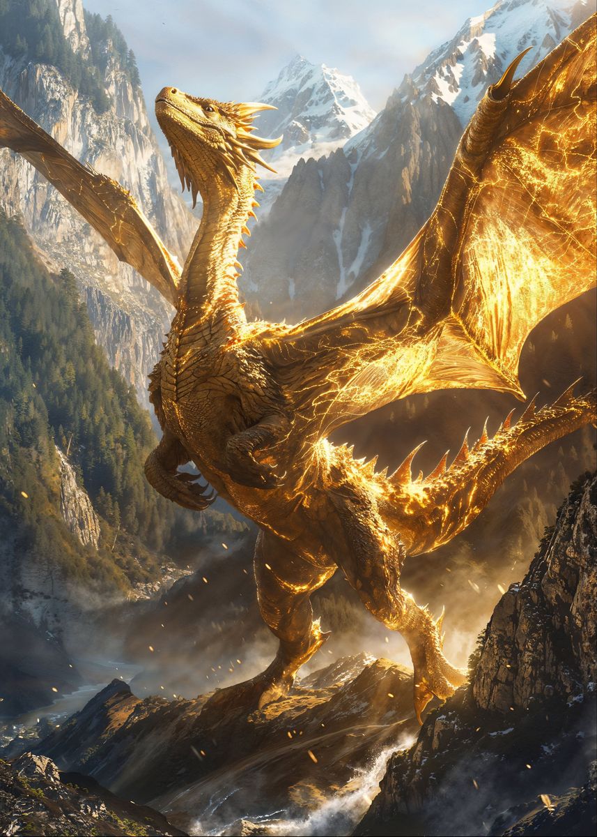 'Noble Goldvein Dragon' Poster, picture, metal print, paint by Pixaverse | Displate