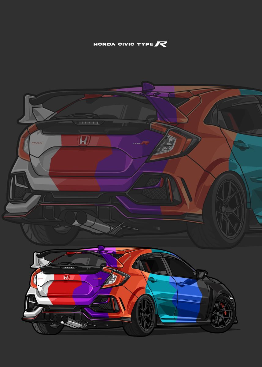 'honda civic type r rainbow' Poster, picture, metal print, paint by ...