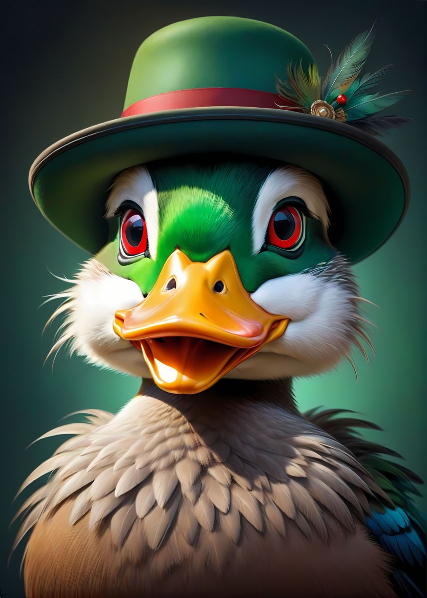 'Duck with Hat' Poster, picture, metal print, paint by Gin Art | Displate
