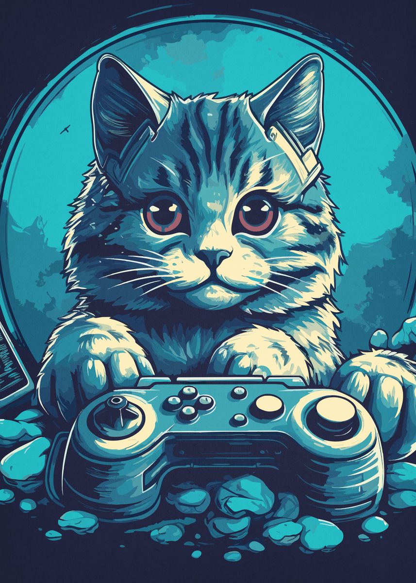 'Cat Gamer Gaming' Poster, picture, metal print, paint by Kaci ...