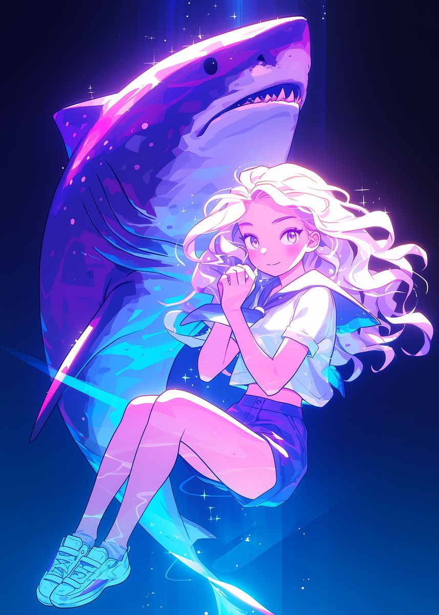 'Anime Girl and Shark' Poster, picture, metal print, paint by babubabu ...