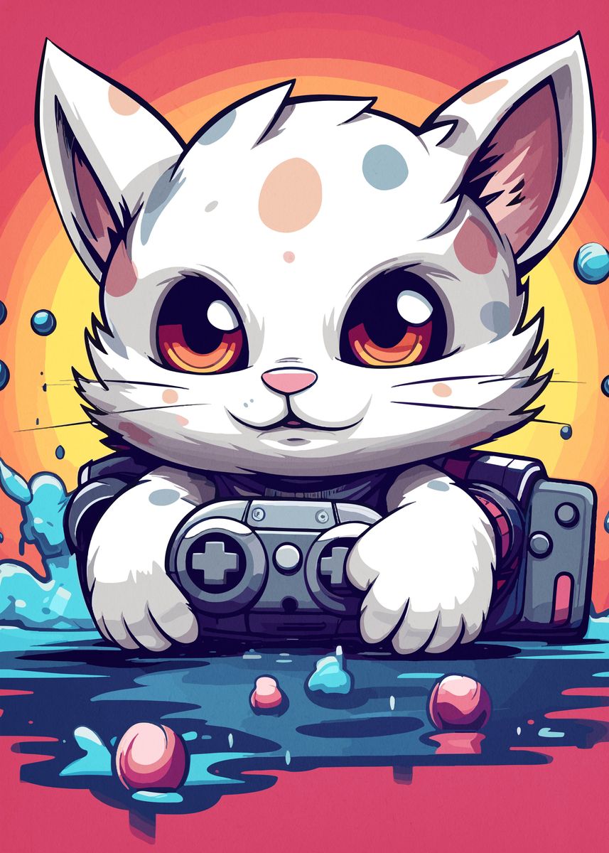 'Cat Gamer Gaming' Poster, picture, metal print, paint by Dominguez Art ...