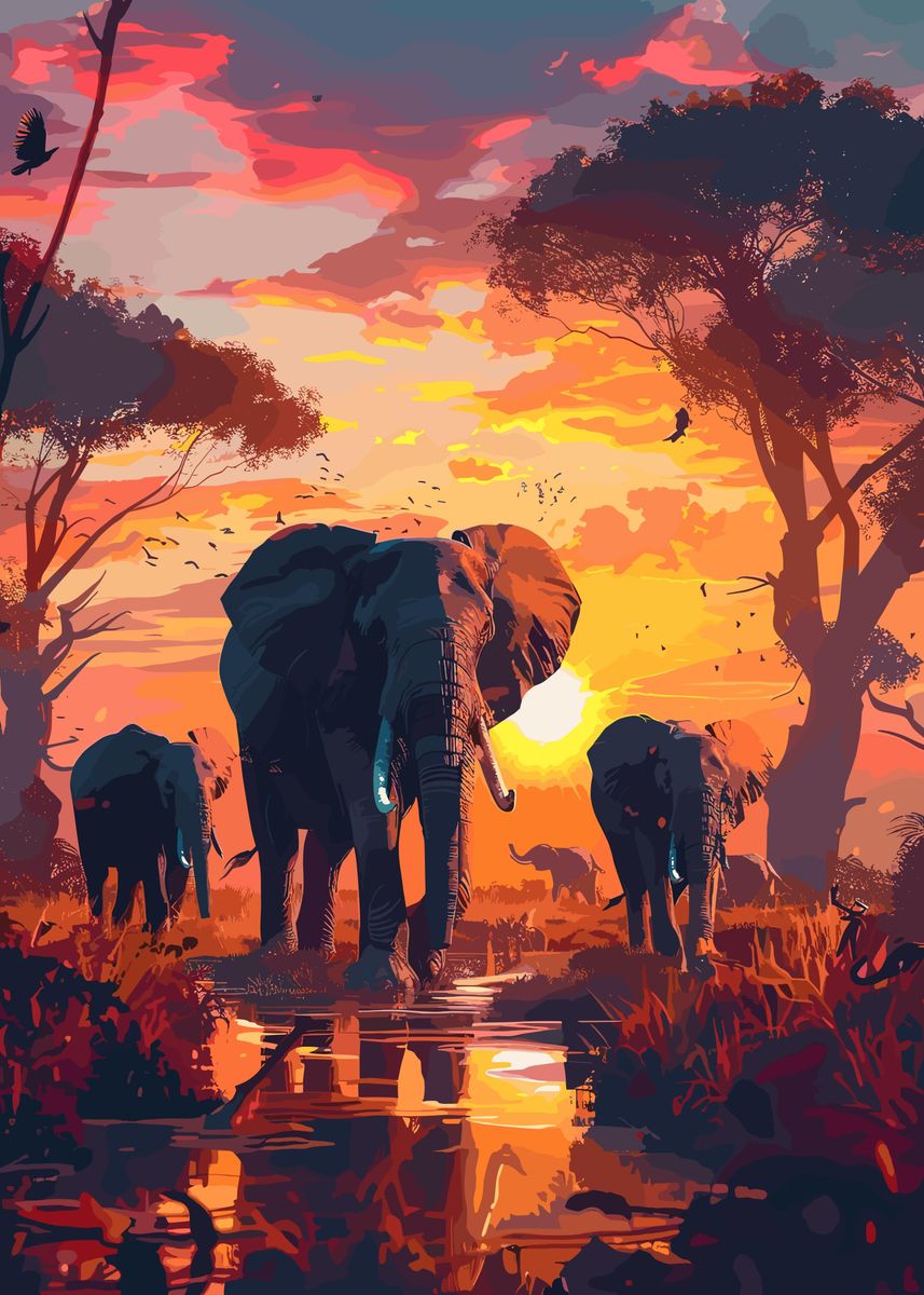'Elephants Sunset Savanna' Poster, picture, metal print, paint by ...