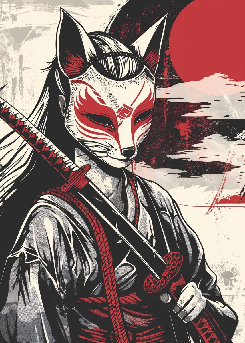 'Samurai Girl Kitsune Mask' Poster, picture, metal print, paint by ...