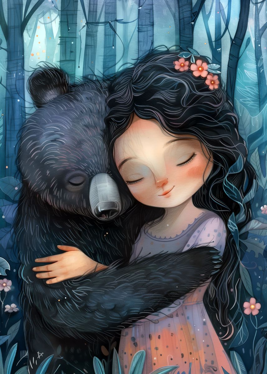 'Enchanted Forest Cuddle' Poster, picture, metal print, paint by AnneLaure GOUPIL | Displate