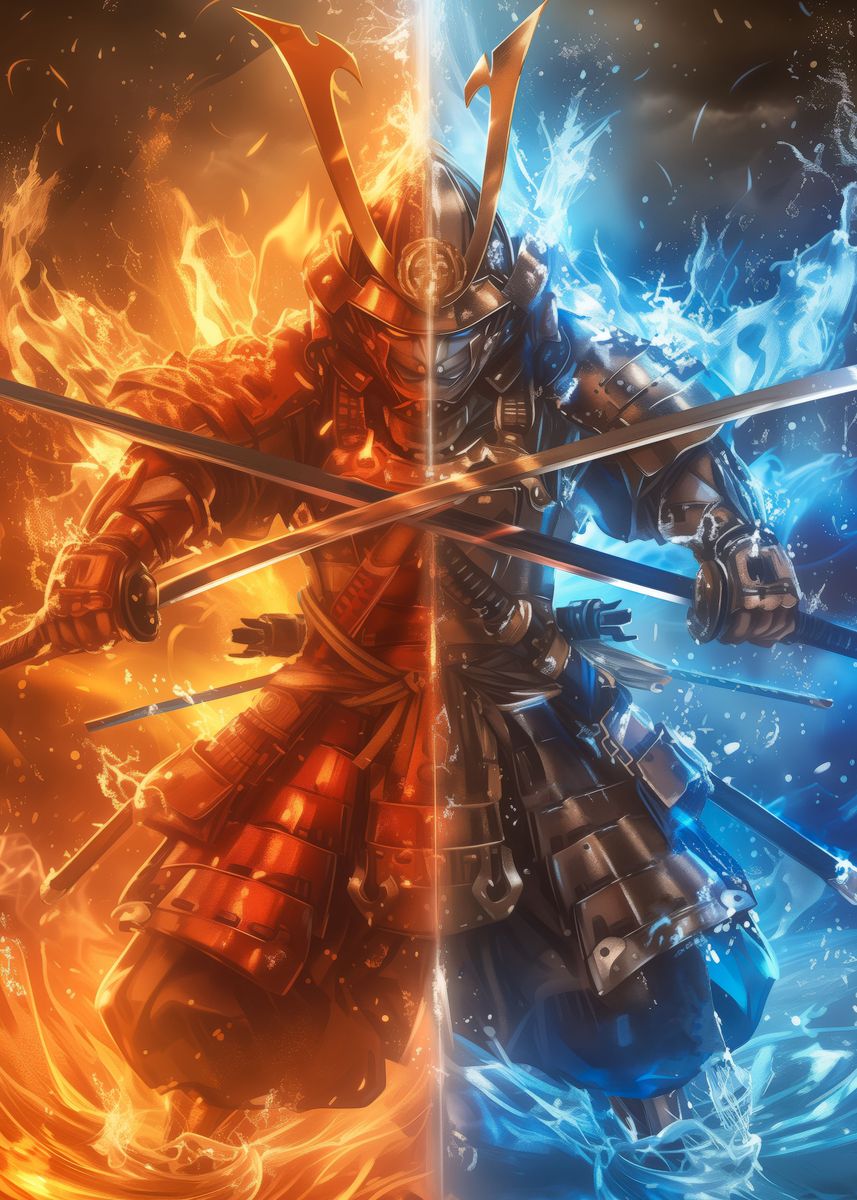 'Samurai warrior fire water' Poster, picture, metal print, paint by ...