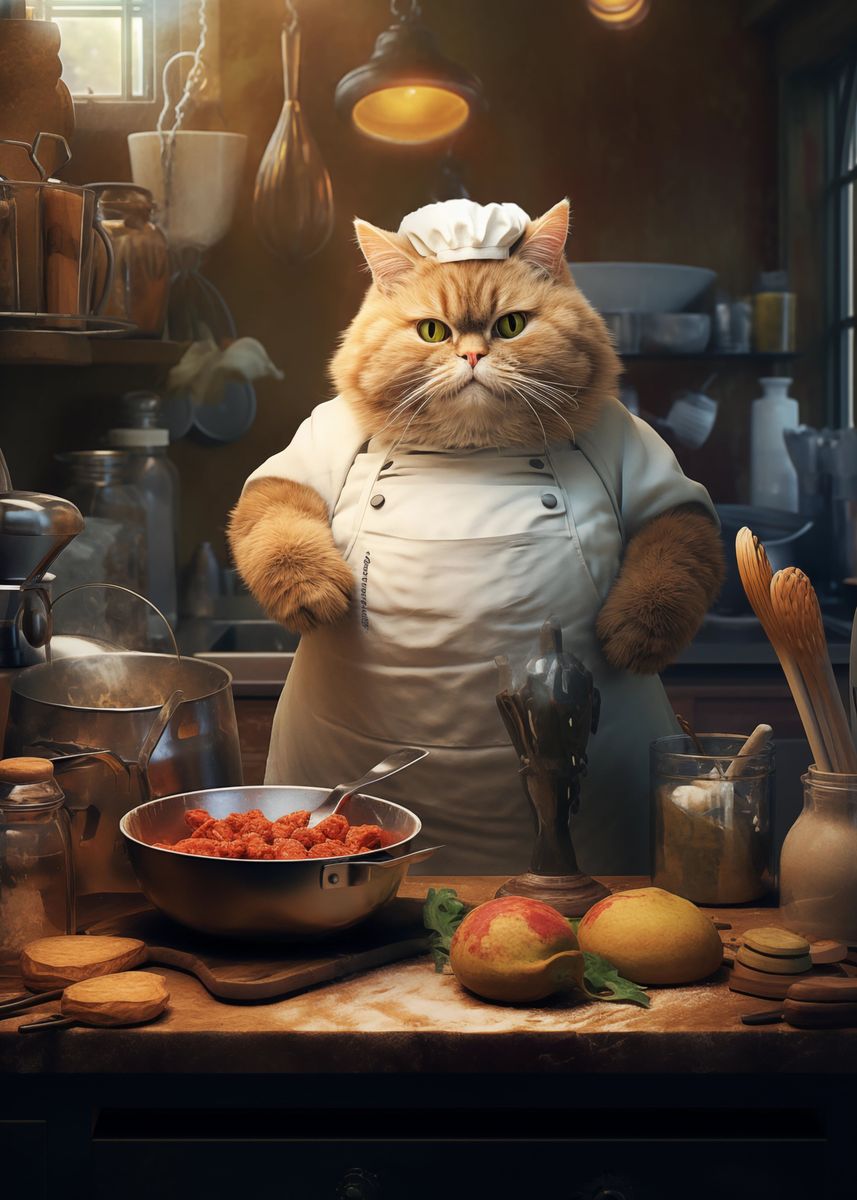 'Chef Cat ' Poster, picture, metal print, paint by Zakaria Store | Displate
