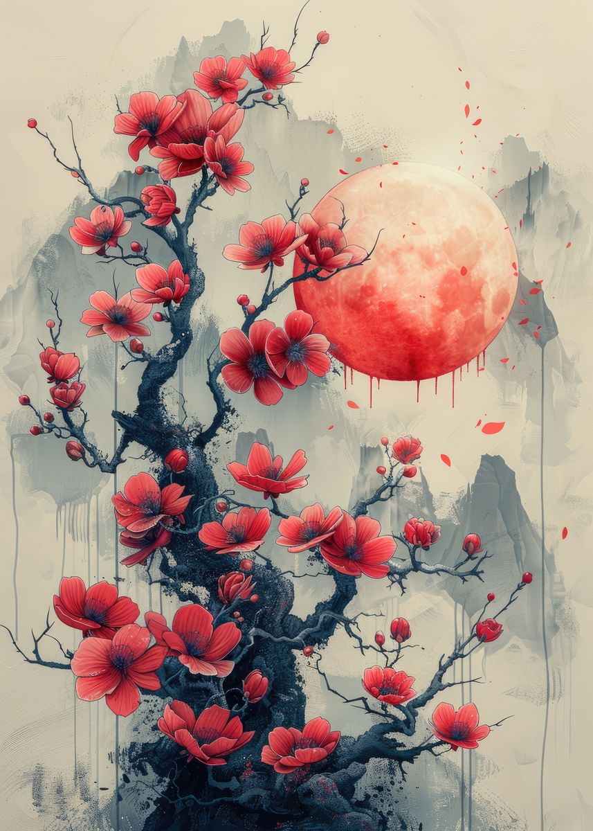 'Japanese Moon Flowers' Poster, picture, metal print, paint by Jan ...