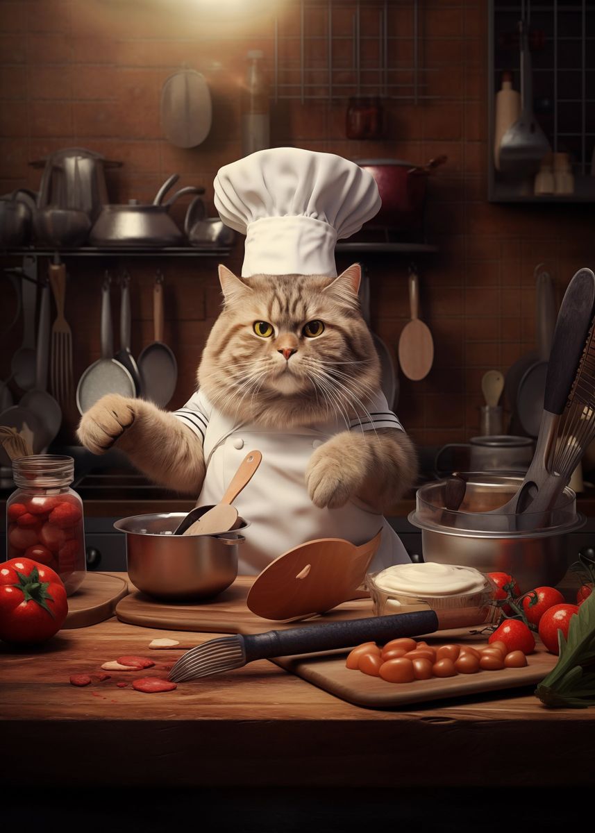 'Chef Cat ' Poster, picture, metal print, paint by Zakaria Store | Displate