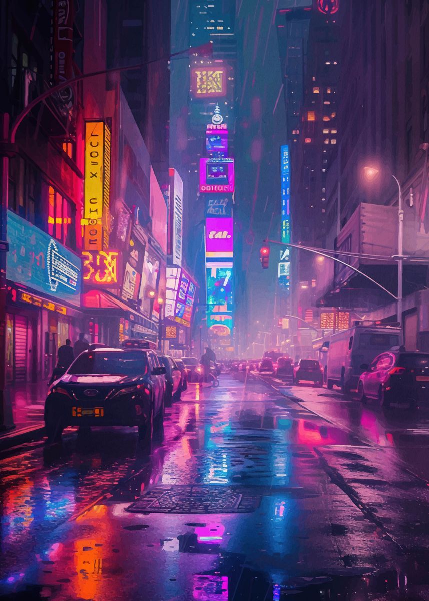 'Cyberpunk City Neon' Poster, picture, metal print, paint by Ellen ...