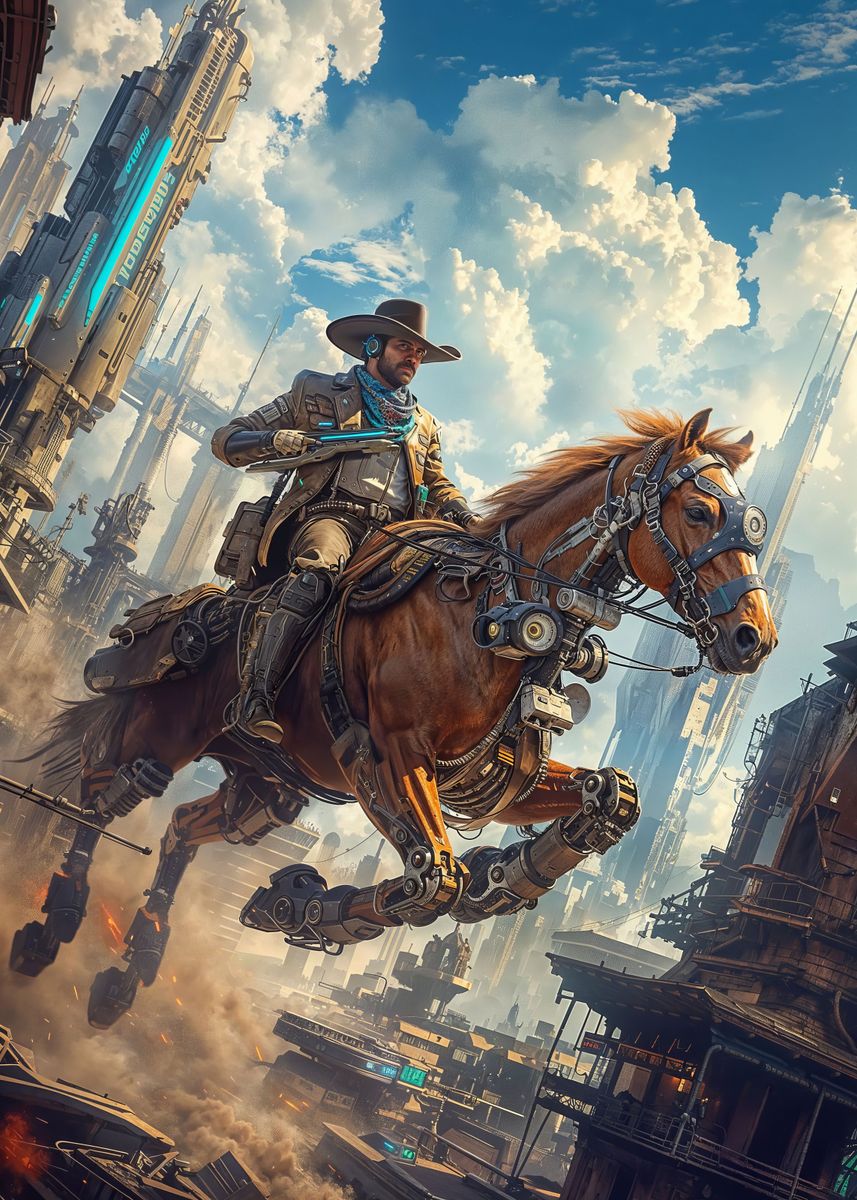 'Cyberpunk Horse and Cowboy' Poster, picture, metal print, paint by ...