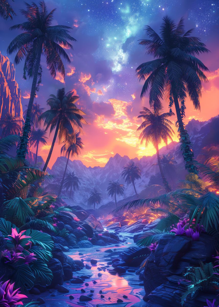'Tropical synthwave sunset' Poster, picture, metal print, paint by ...