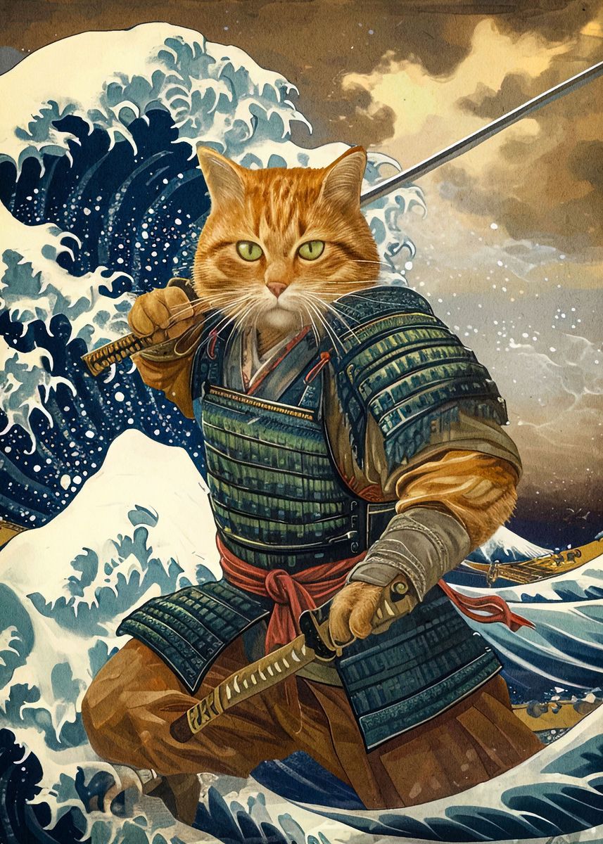 'japanese samurai cat' Poster, picture, metal print, paint by Coral ...