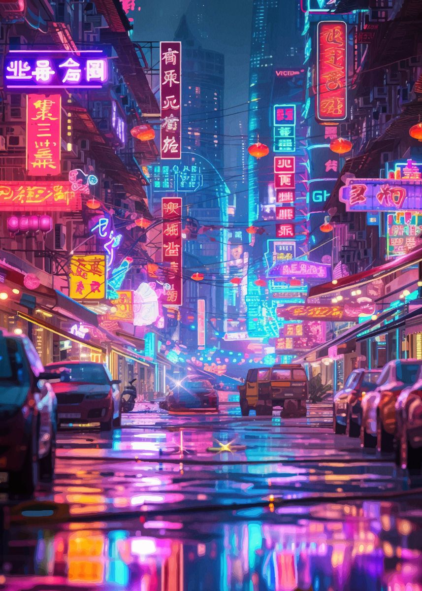 'Cyberpunk City Neon' Poster, picture, metal print, paint by Ellen ...