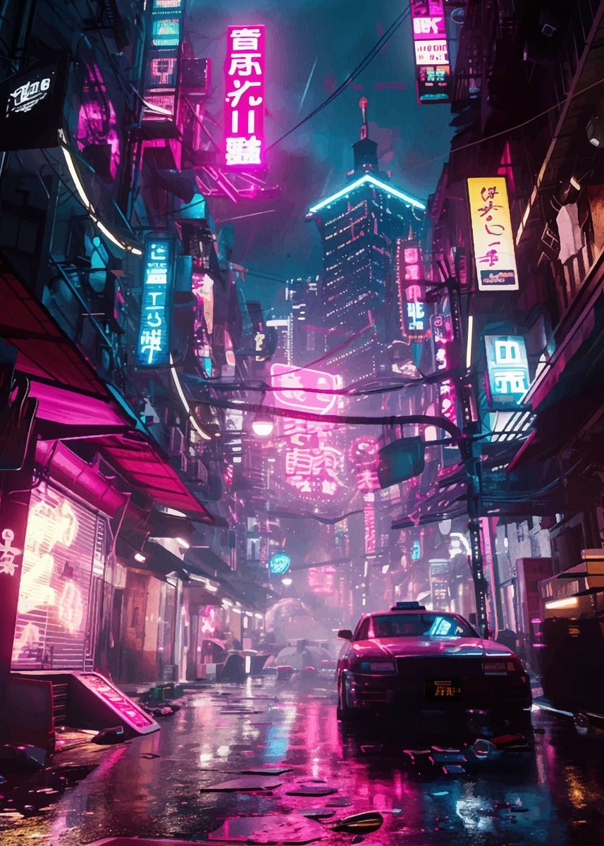 'Cyberpunk City Neon' Poster, picture, metal print, paint by Ellen ...